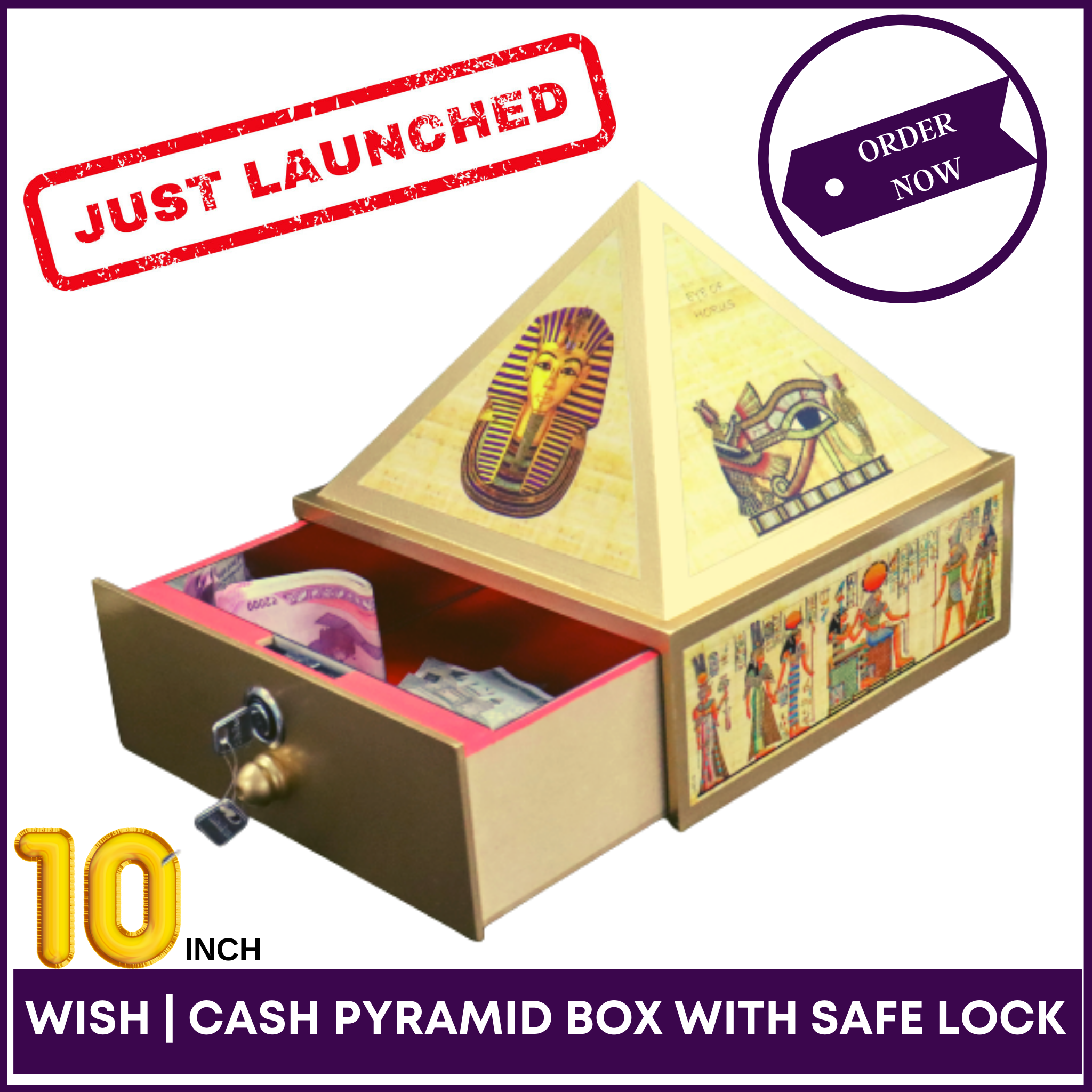10inch Base - Wish | Cash MDF Wooden Pyramid Box With Safe Lock-key an ...